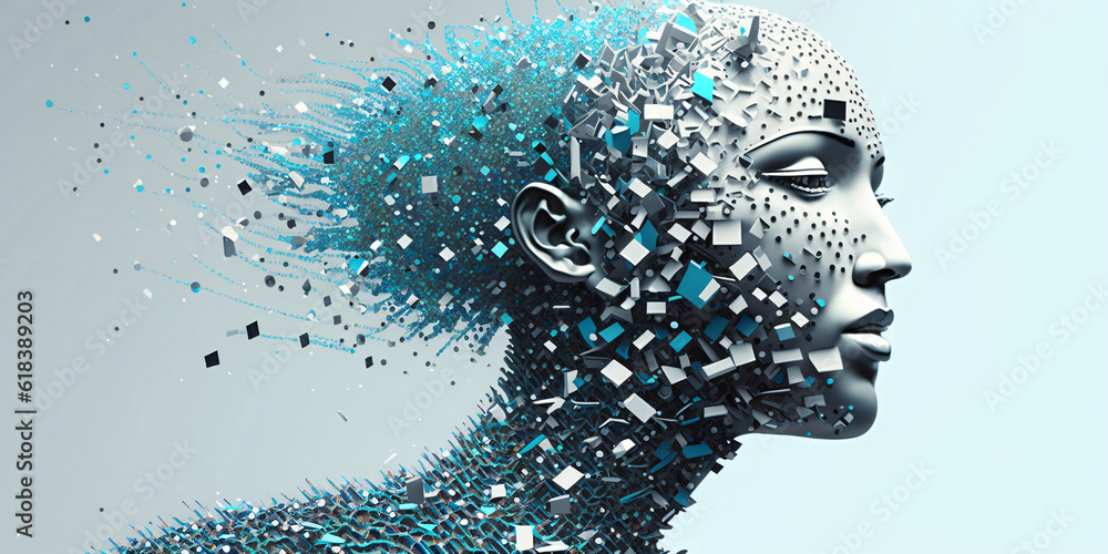 a abstract robotic human with futuristic fragmentation, free-flowing ...