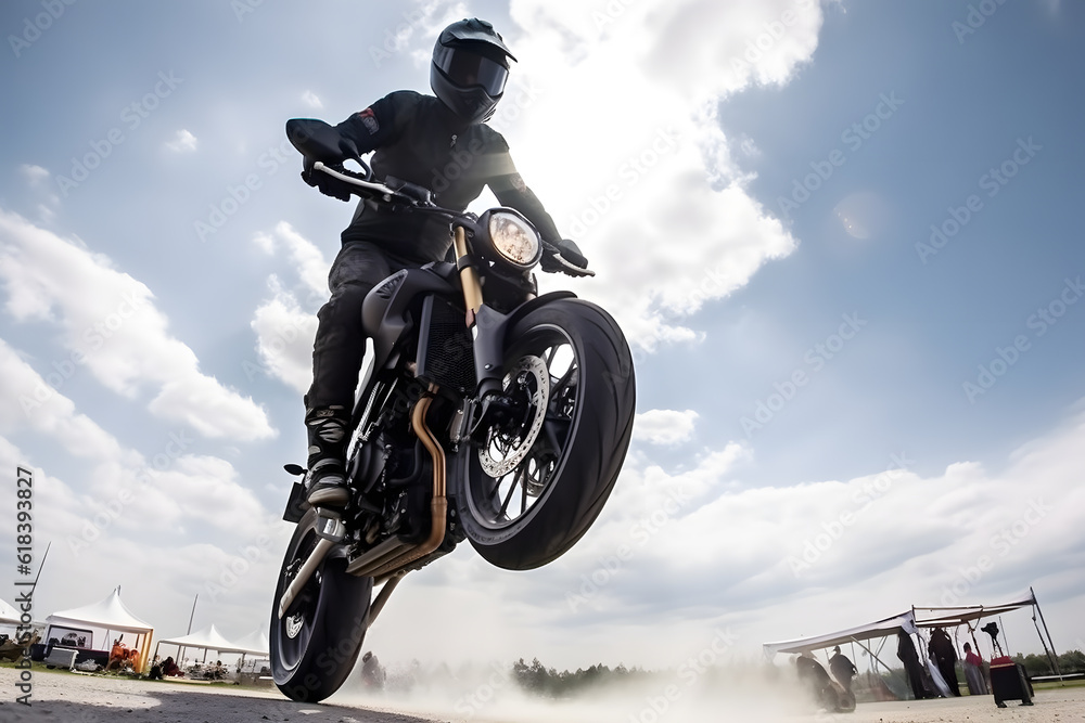 Dramatic wide-angle capture of a motorcycle stunt rider performing a ...