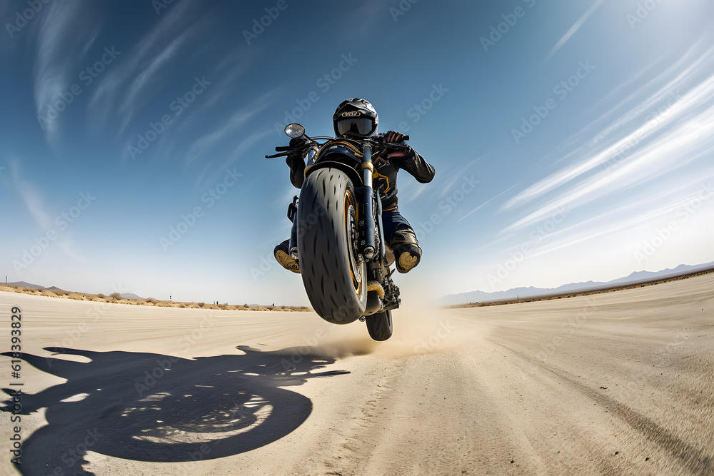 Dramatic wide-angle capture of a motorcycle stunt rider performing a ...