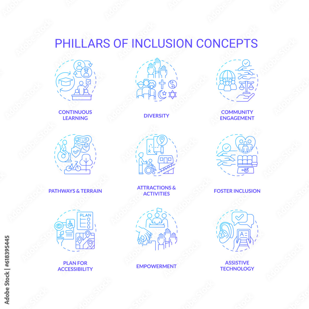 Pillars of inclusion blue gradient concept icons set. Equal opportunity ...