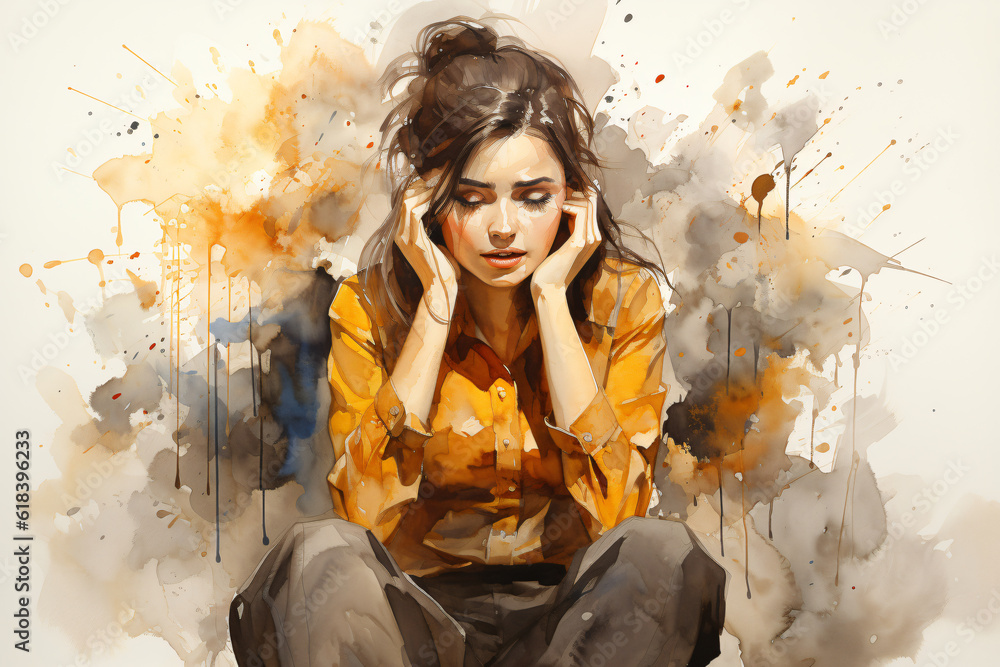 side view of a Businesswoman feeling overwhelmed in painting style ...