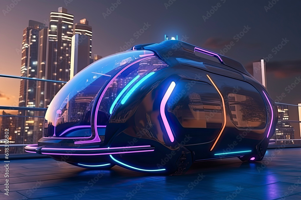 Autonomous electric bus in smart city, metaverse or cyberpunk conpept.AI generated Stock ...