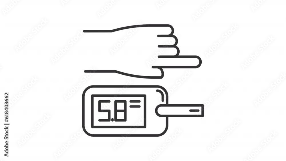 Animated glucose test line icon. Hand applying blood drop on glucometer ...