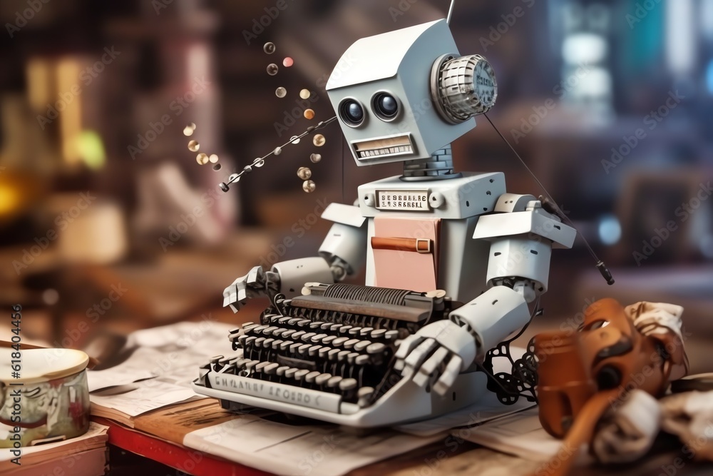 Cute journalist robot typing on a vintage typewriter Stock Illustration ...