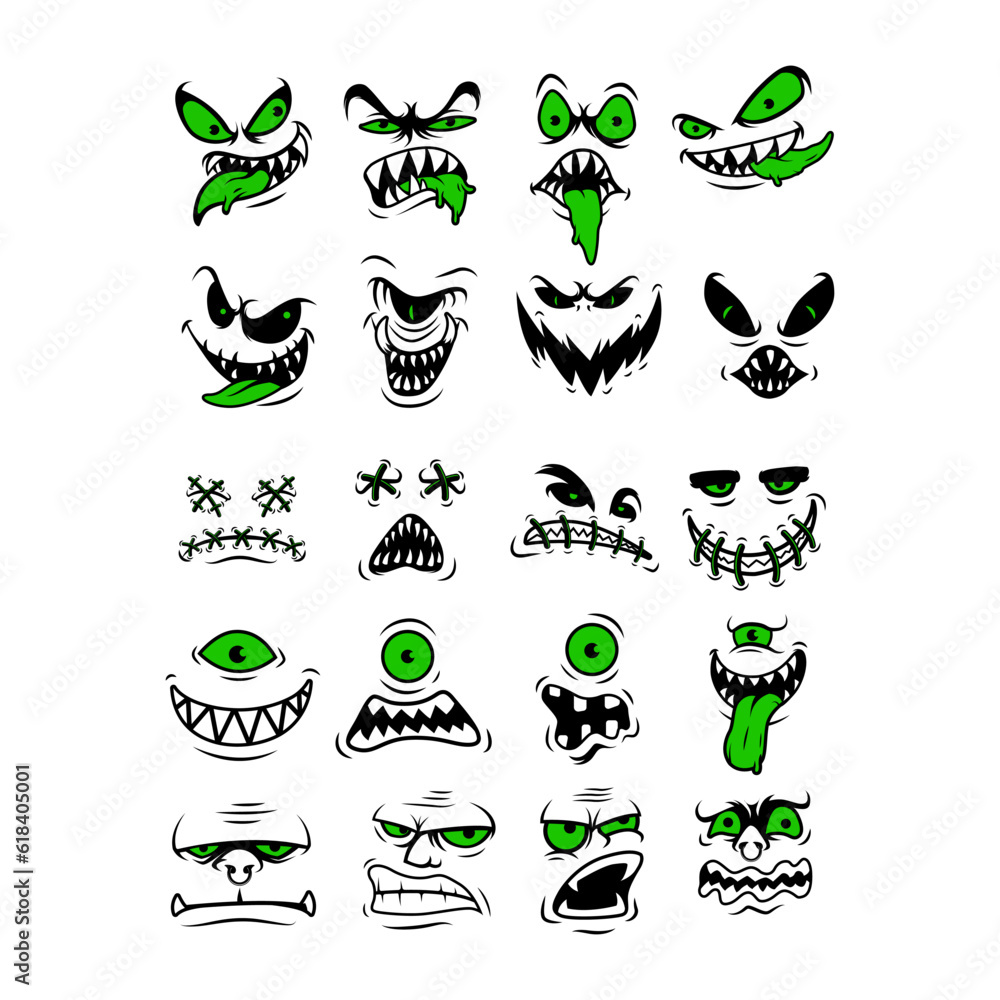 Vetor de Set of Cartoon Monster Faces. Vector art illustration for ...