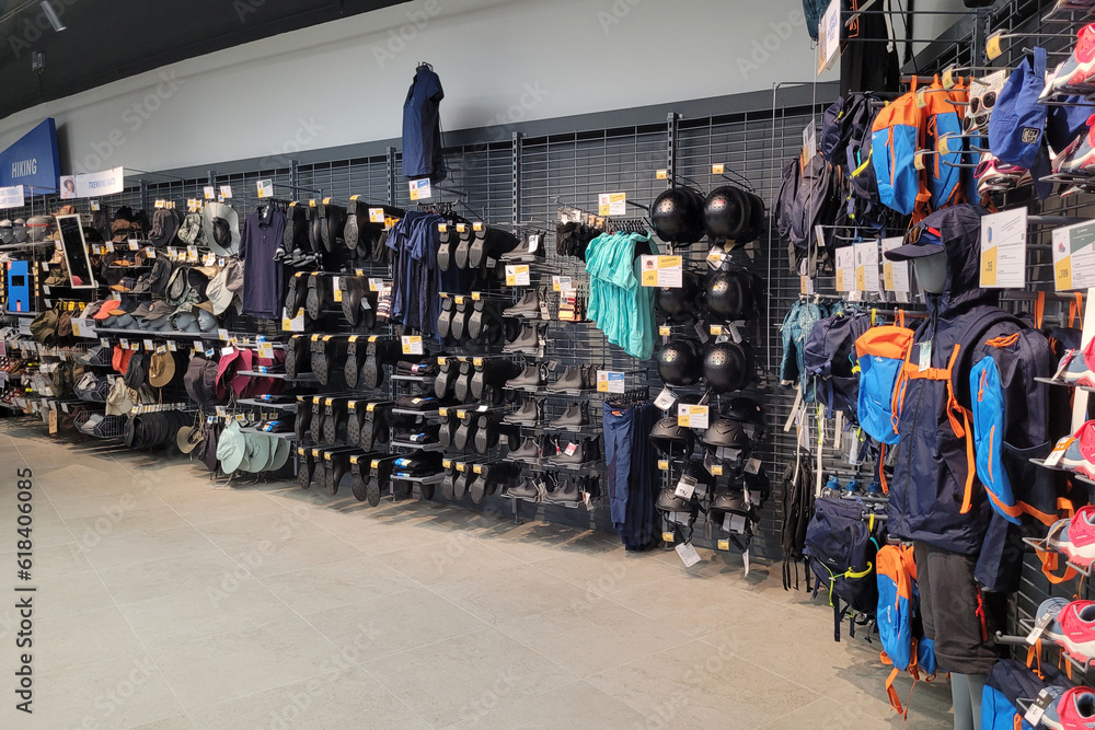 PENANG, MALAYSIA - 18 JUNE 2023: Interior view of Decathlon sporting ...