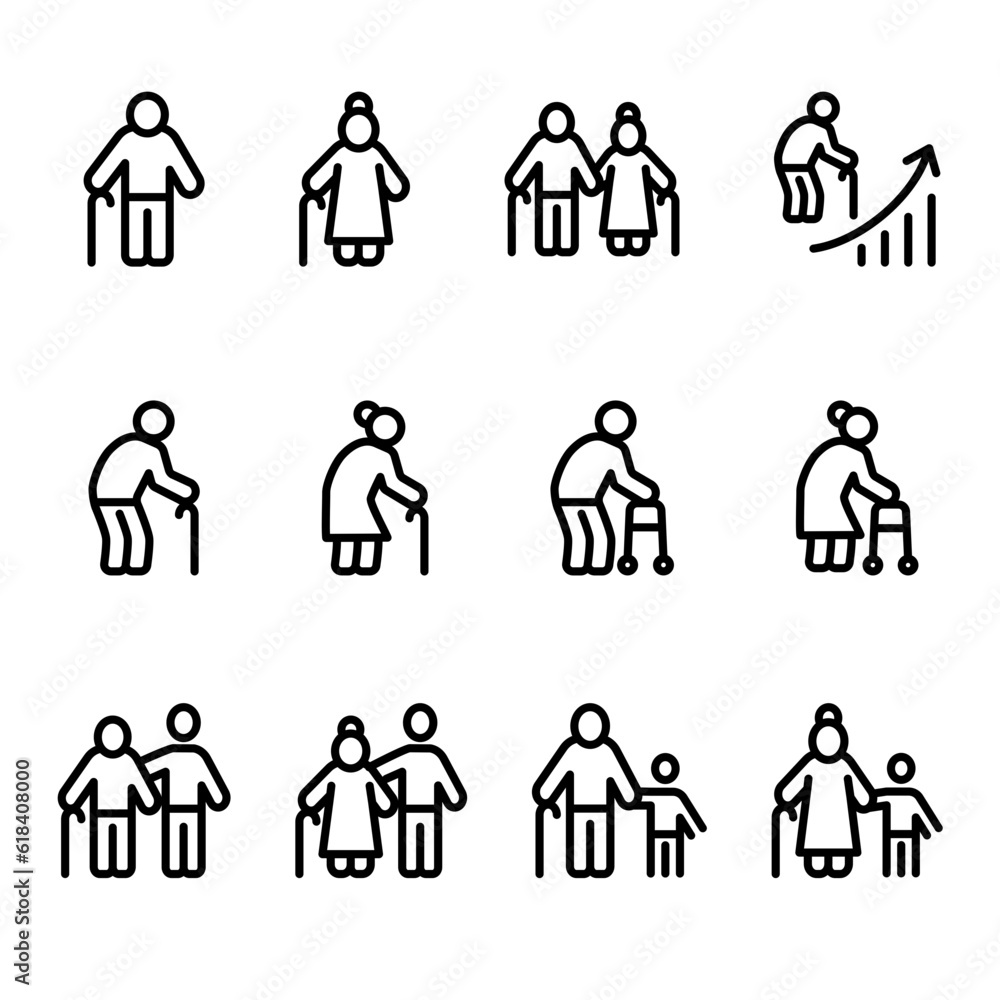 Senior people icon set, Aging society, Vector outline icon. Stock ...