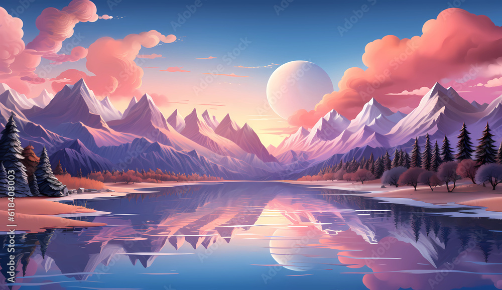3D landscape with snowy mountains and clouds at sunset, with cubist ...