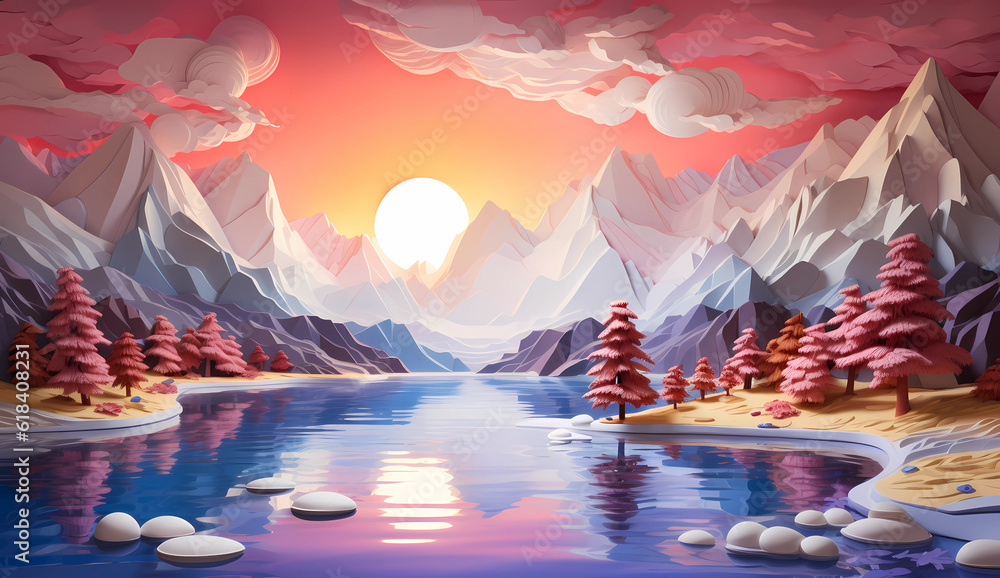 3D winter landscape with mountains and clouds at sunset, with cubist ...