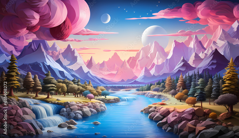 3D landscape with mountains and clouds at sunset, with cubist geometric ...