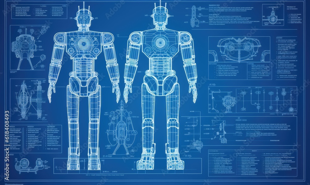 Technical drawing of a robot displays its intricate mechanical ...