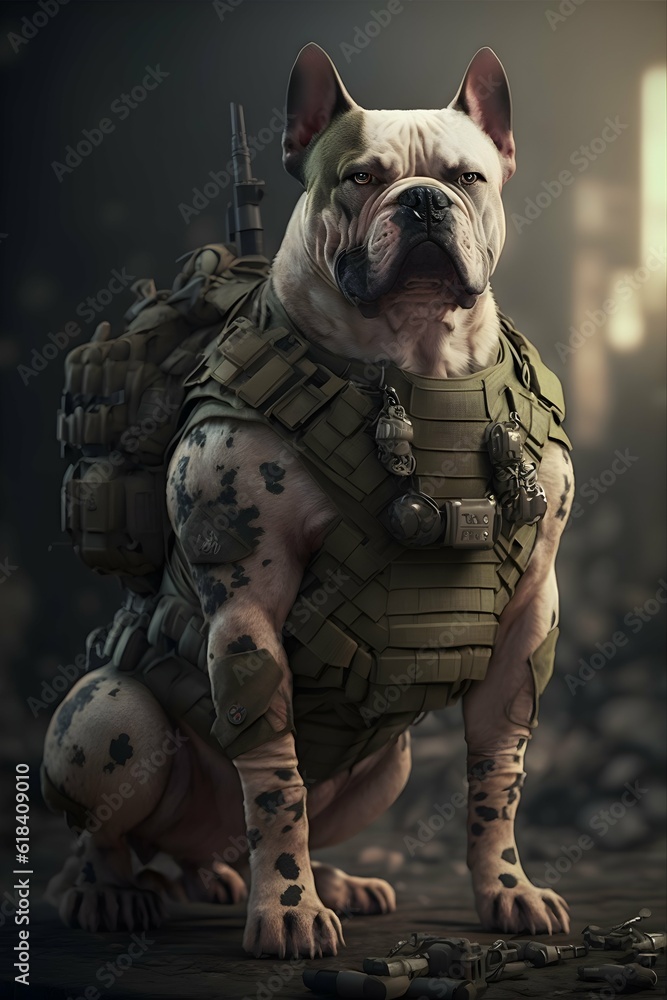 full Body American bull dog army man ready for battle battle field hdr ...