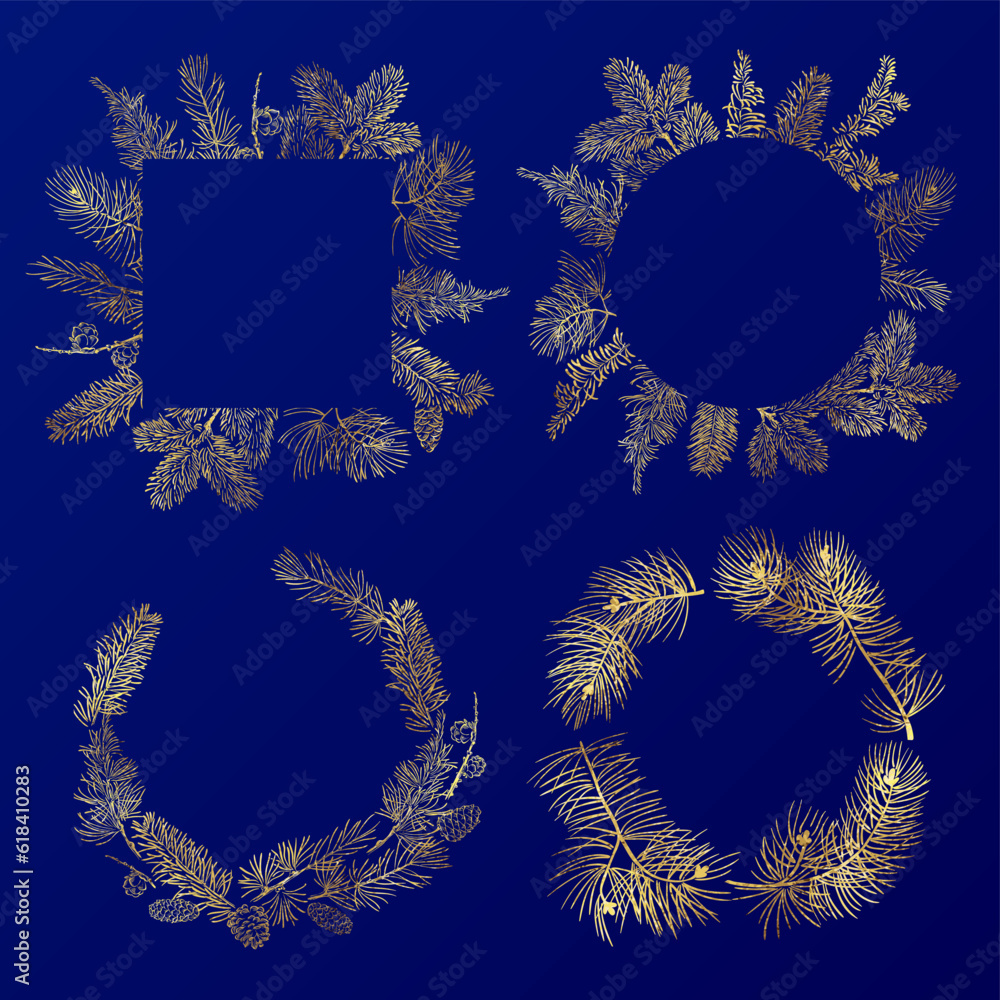 Fir wreath, branch and cone frame set. Golden frames collection for ...