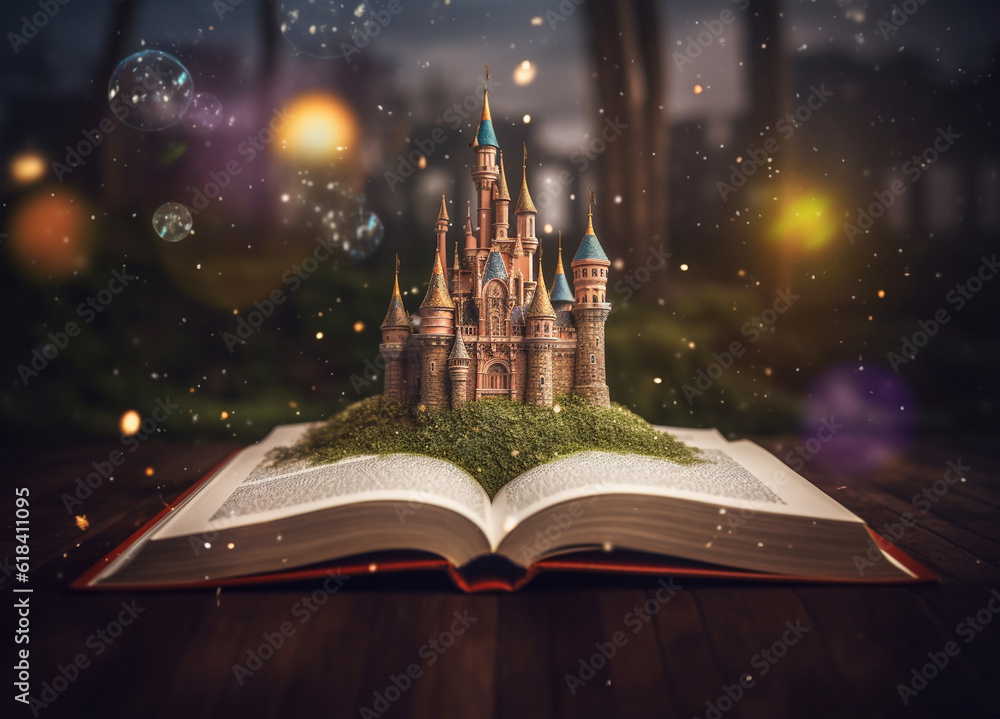 Education, fantasy and growth with book and castle on table for ...
