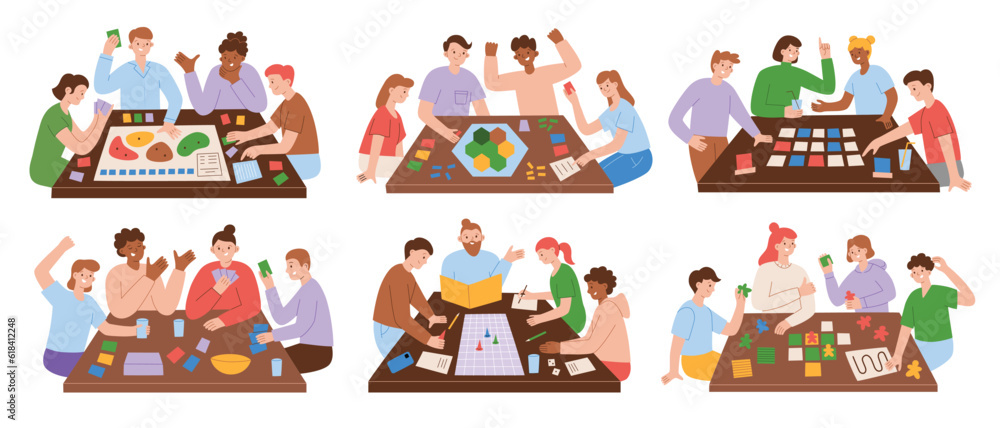 People playing board games. Tabletop game at home. Hand drawn set of ...