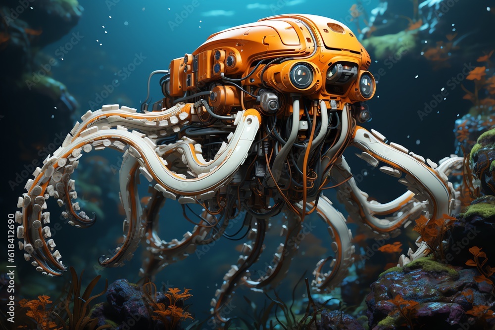 Robot octopus nestled amongst the coral reefs mechanism Stock ...