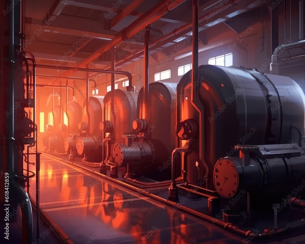 Concept of heat generation industry: modern boiler room with metal ...