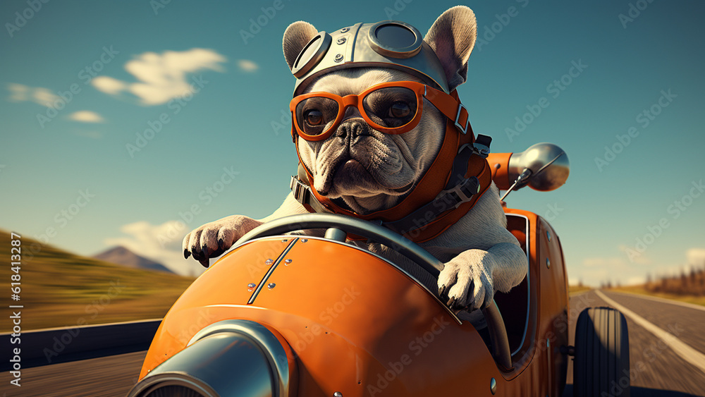 Bulldog wearing racing helmet with race glasses drives in vintage ...