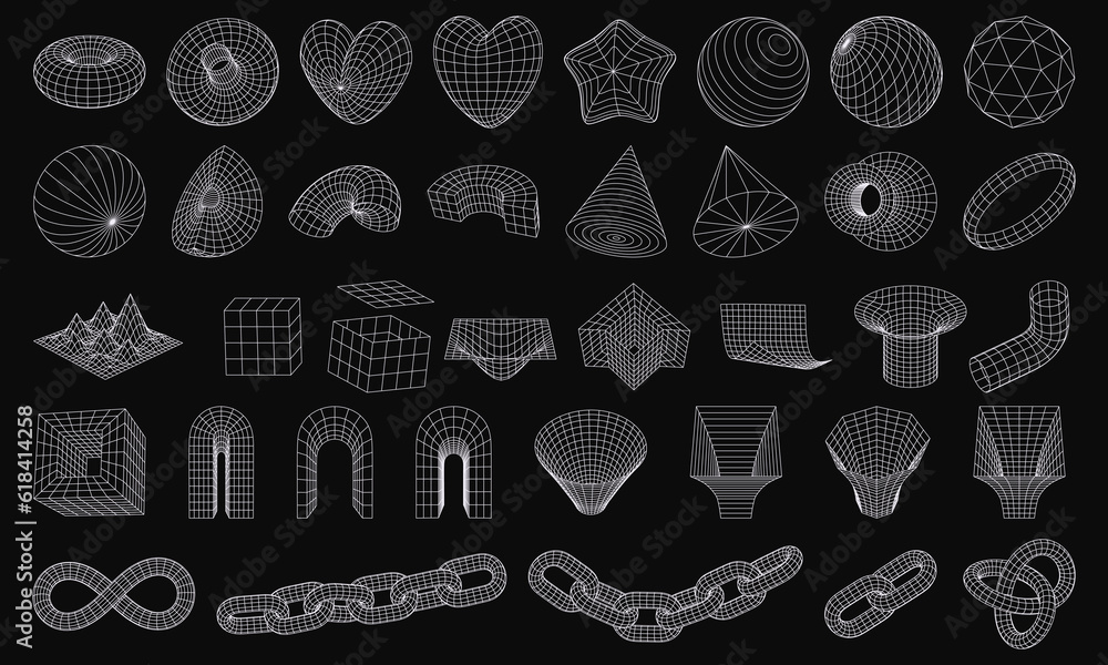 Set of wireframe 3D geometric shapes. Wire frame abstract figures ...