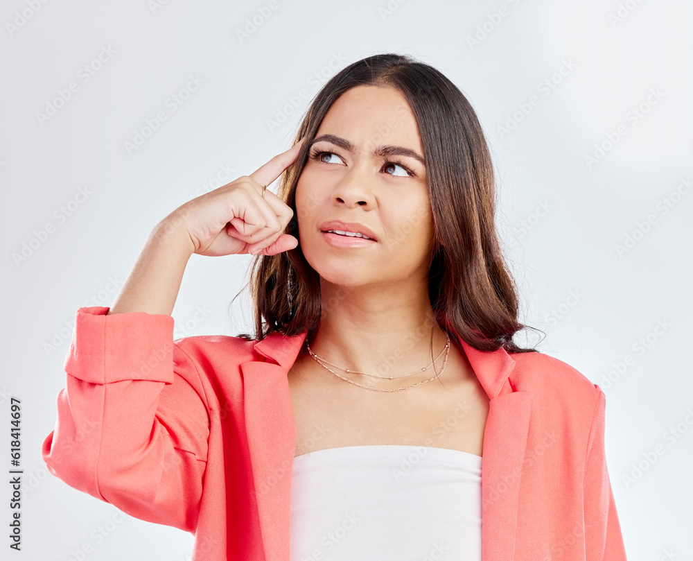 Thinking, face and business woman confused over corporate plan, problem ...