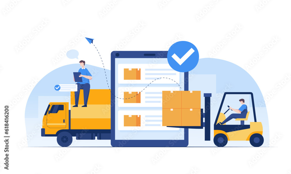 Poster Warehouse staff wearing uniform Loading parcel box and checking ...