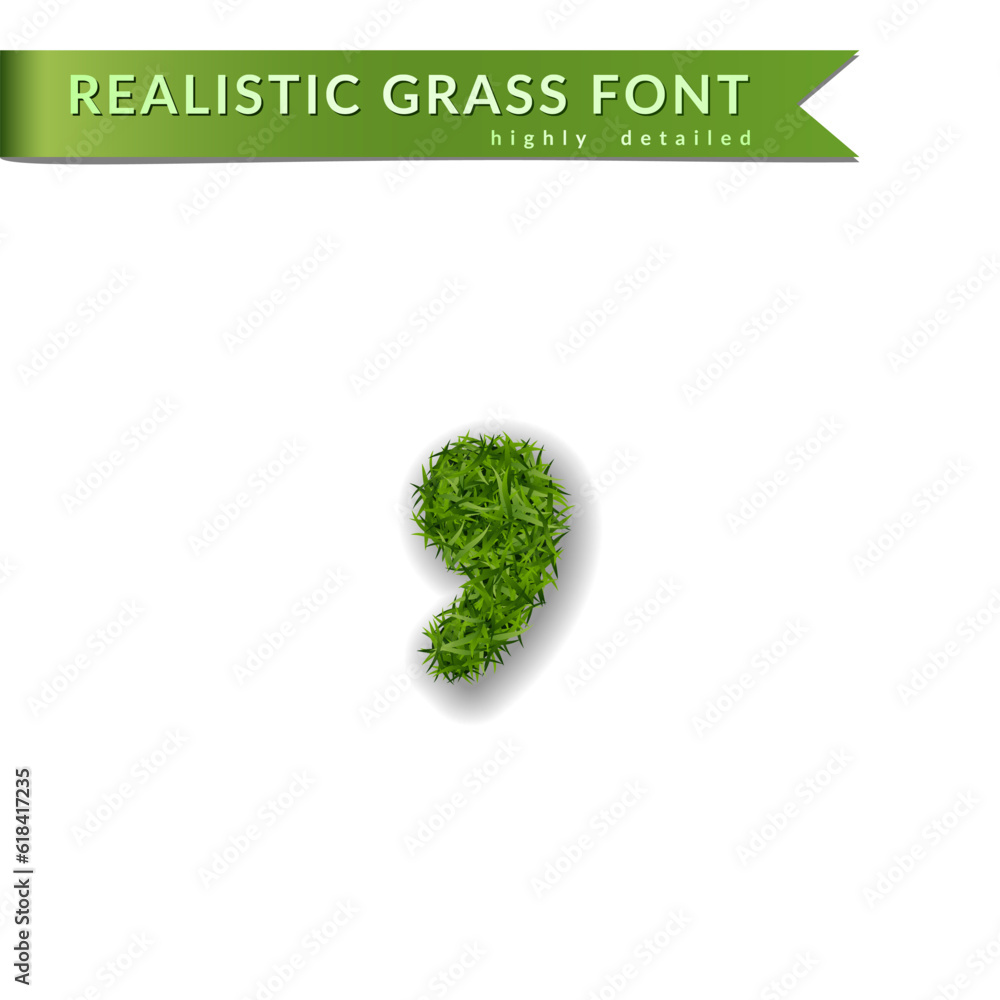 Grass symbol coma, apostrophe text, alphabet 3D design. Green font ...