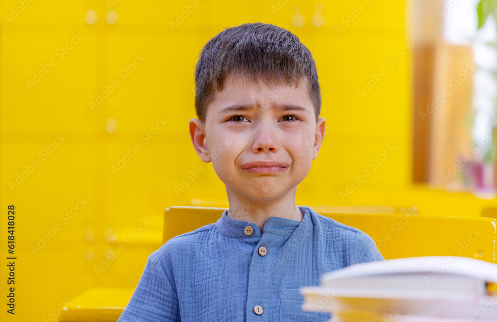 cute preschooler boy crying in classroom or outside with backpack in ...