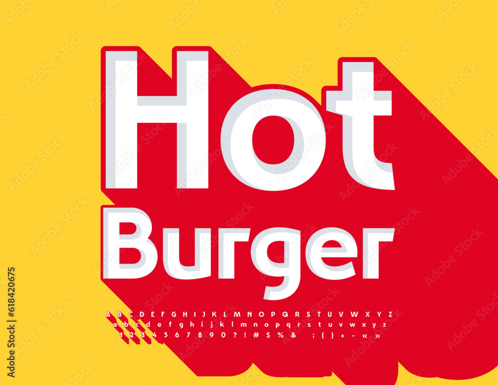 Vector advertising Banner Hot Burger. Bright 3D Font with Big Red ...