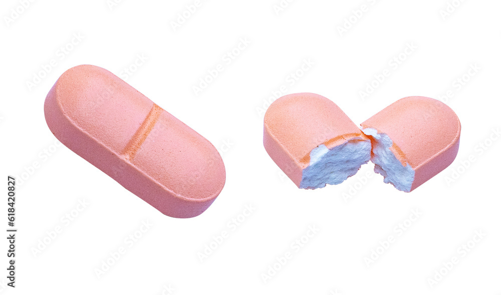 Supplement capsule drug pink perfect and broken damage isolated on cot ...