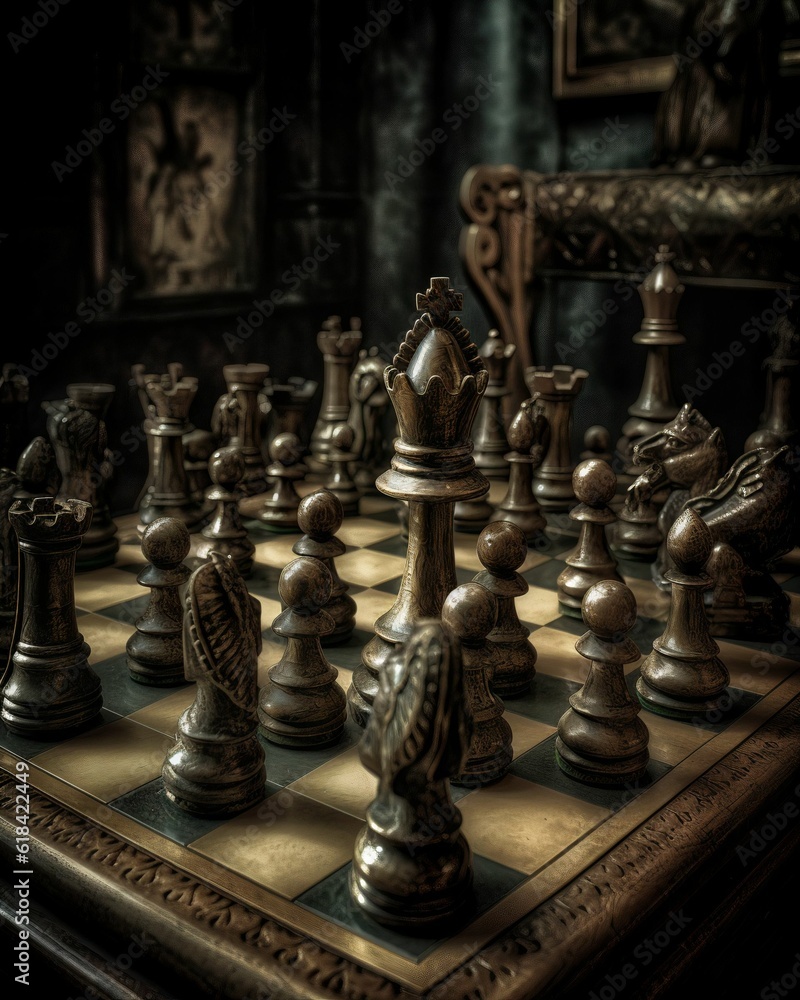 AI generated illustration of a chess board with pieces set up, ready to ...