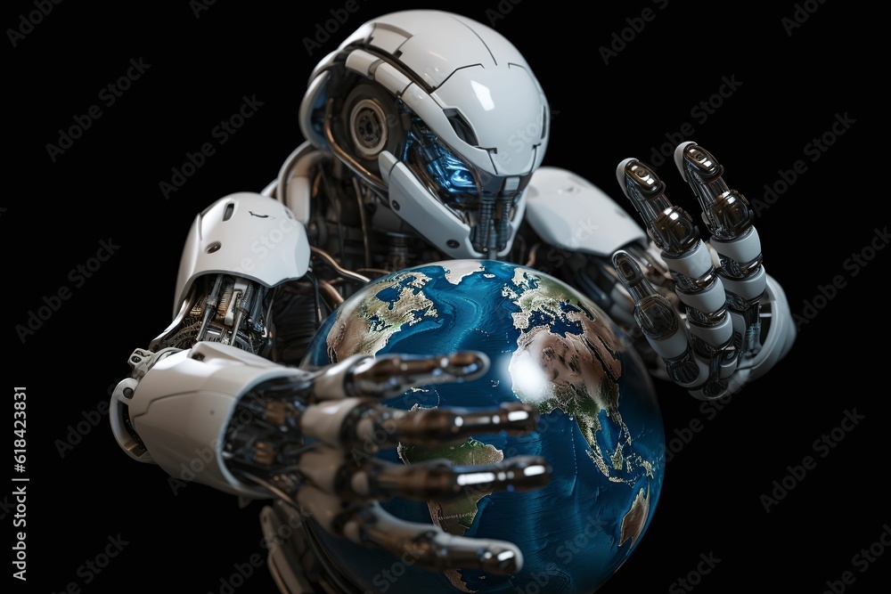 Ai Taking over the world: Robot Holding Globe Ai Generated Stock ... Ai Taking over the world: Robot Holding Globe Ai Generated Stock ...