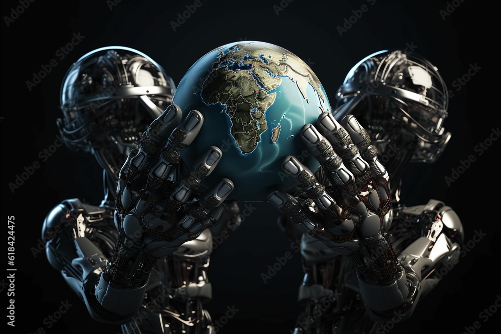 Ai Taking over the world: Robot Holding Globe Ai Generated Stock ...