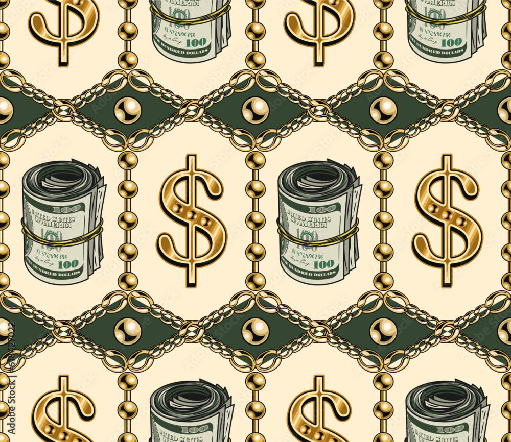 Geometric pattern with gold realistic chains, beads, dollar sign, money ...