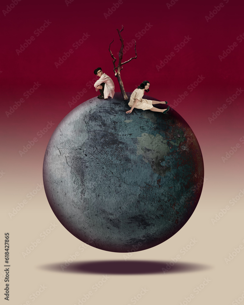 Two people on the earth. Man and woman sitting on sphere near dry tree ...