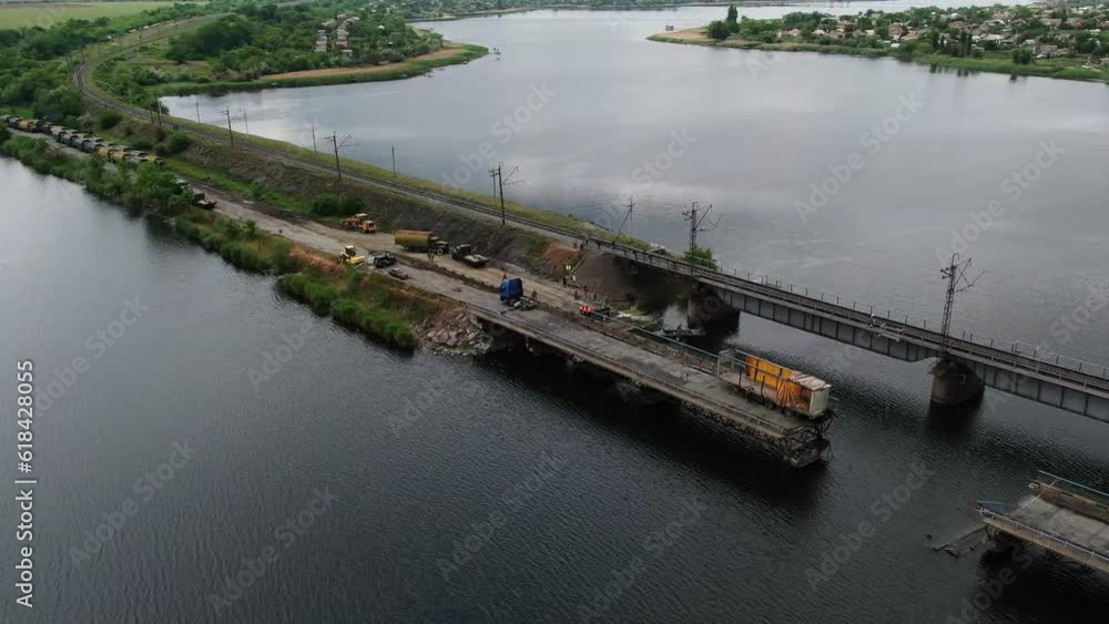 Pontoon bridge of the Ukrainian army. Installation of a temporary ...