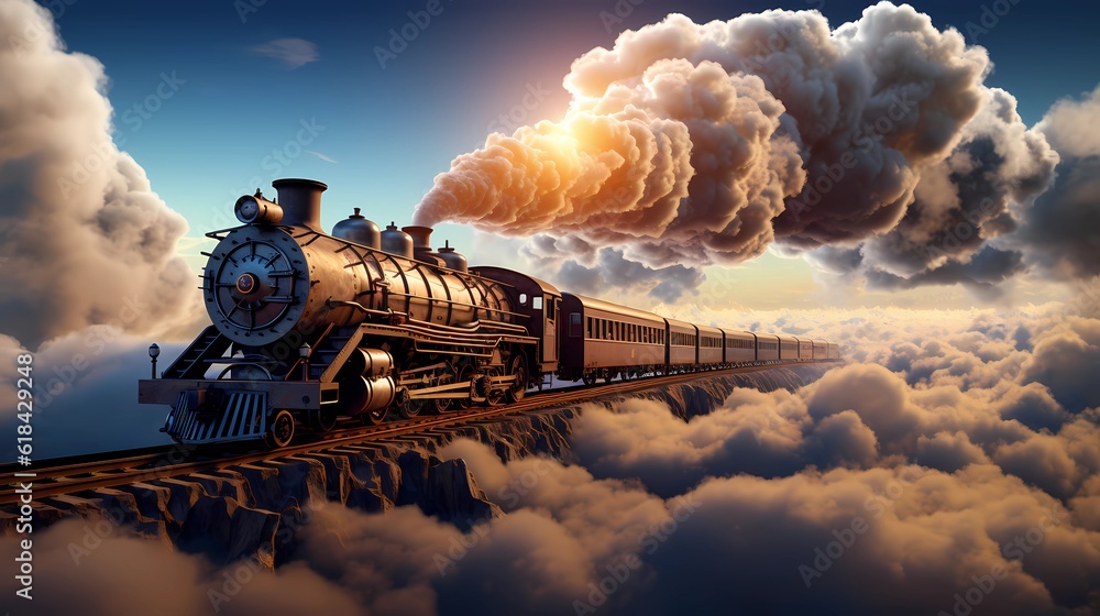 The train takes off from the rail into the sky. Cartoon style ...