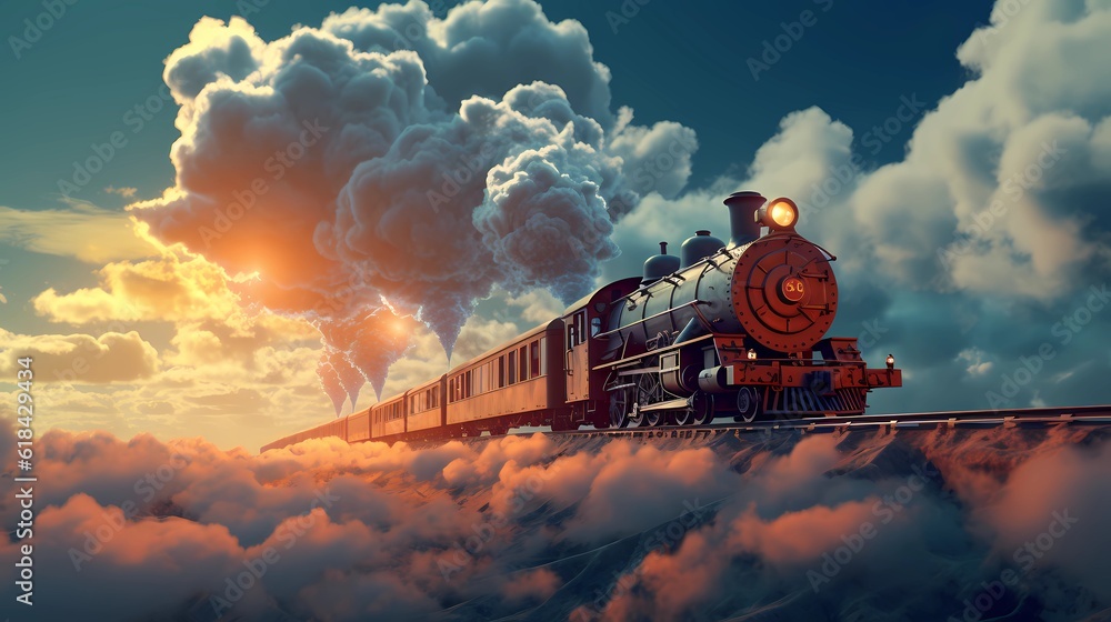 The train takes off from the rail into the sky. Cartoon style ...