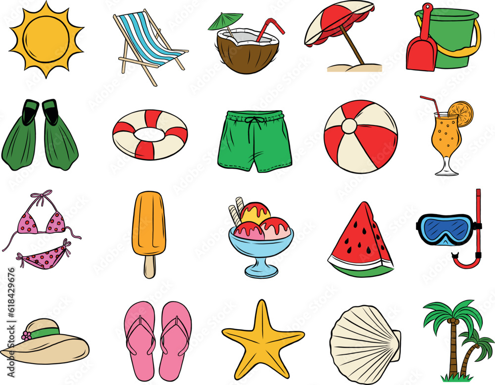Summer icons, hand drawn icons, vacation, beach, sea, rest, palm icons ...