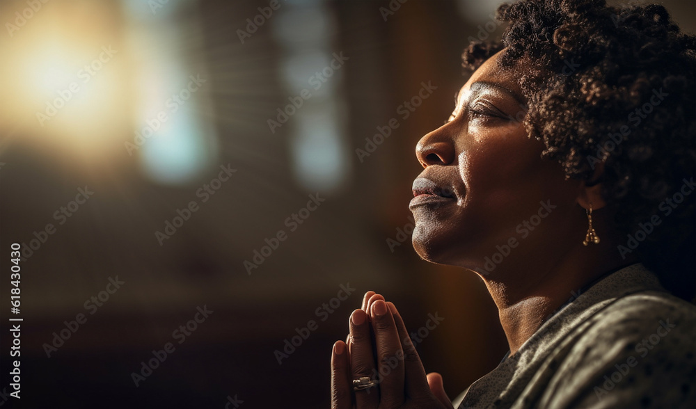 Prayer, christian and worship with black woman in church for god, holy spirit and spirituality ...