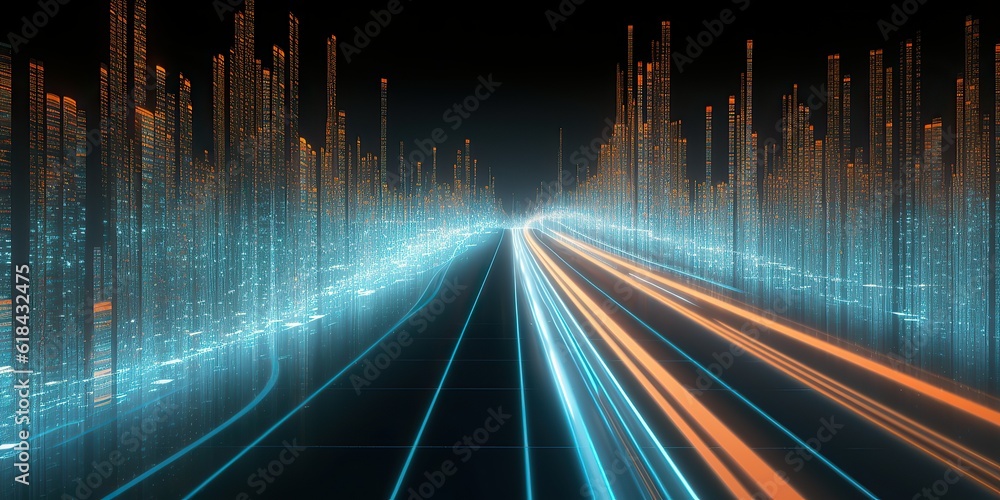 3D rendering of an abstract highway path through digital binary towers ...