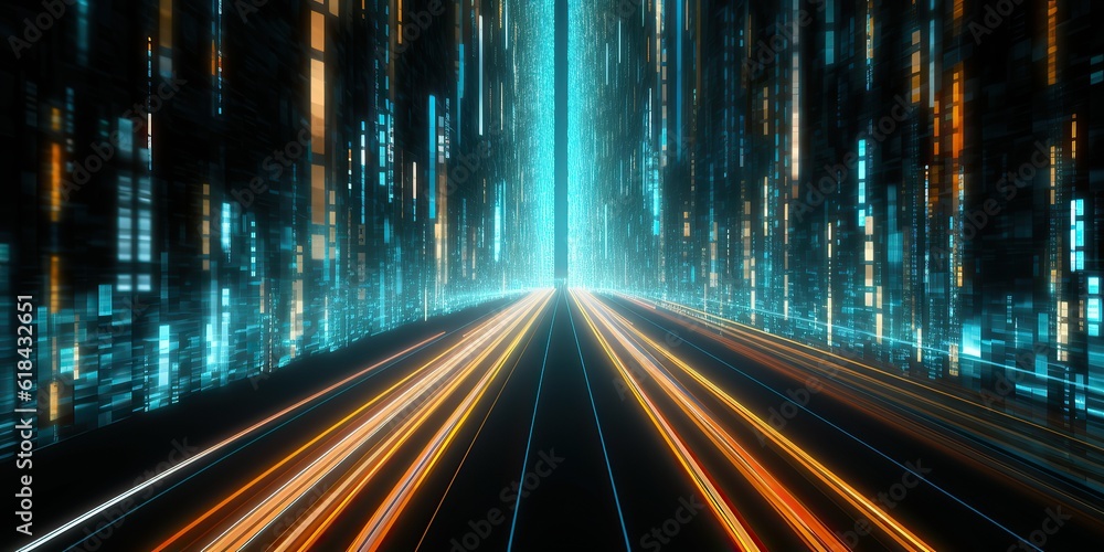 3D rendering of an abstract highway path through digital binary towers in the city. Big data ...