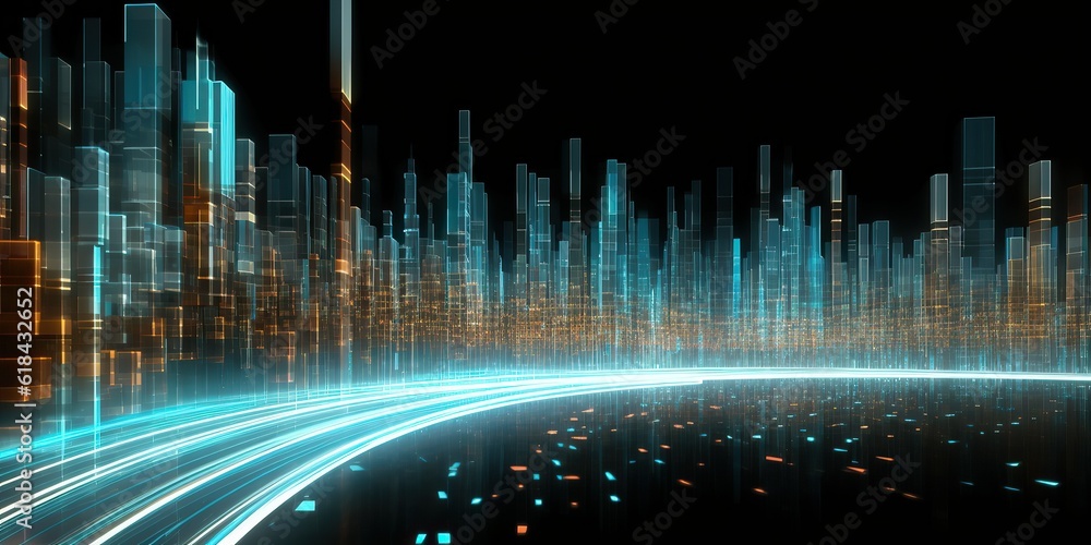 3D rendering of an abstract highway path through digital binary towers ...