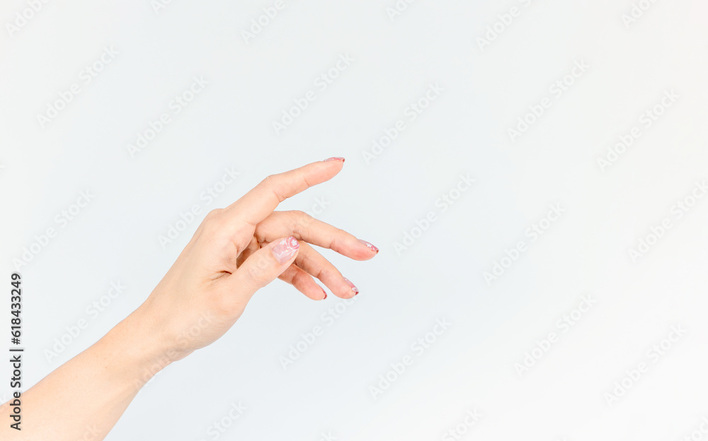 Woman hand making on white background. Woman's finger pointing ...