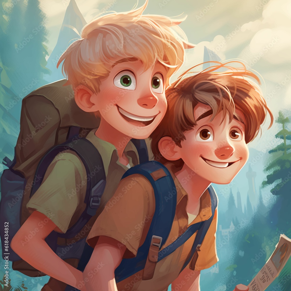 AI generated illustration of two young cartoon brothers going on an ...