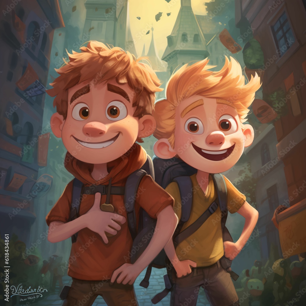 AI generated illustration of two young cartoon brothers going on an ...