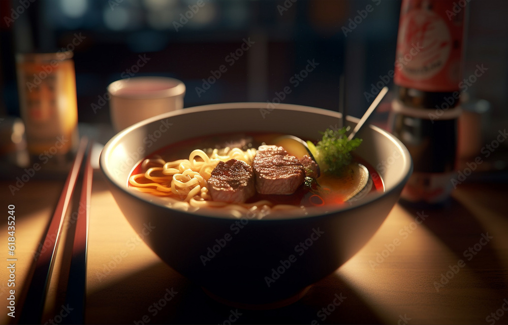 Food, cooking and fine dining with ramen noodles in restaurant for ...