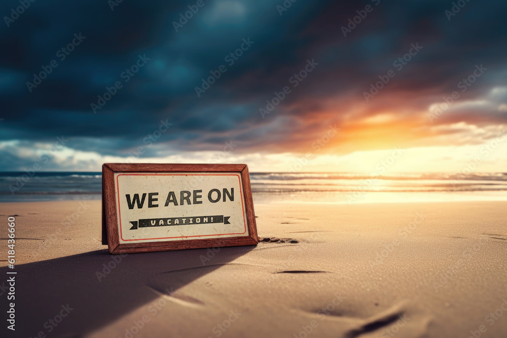 On Vacation sign on tropical sand beach with cloudy sky background ...