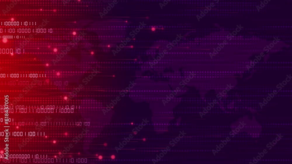 Movement numbers binary code and glowing particles on dark red background. Digital data network ...