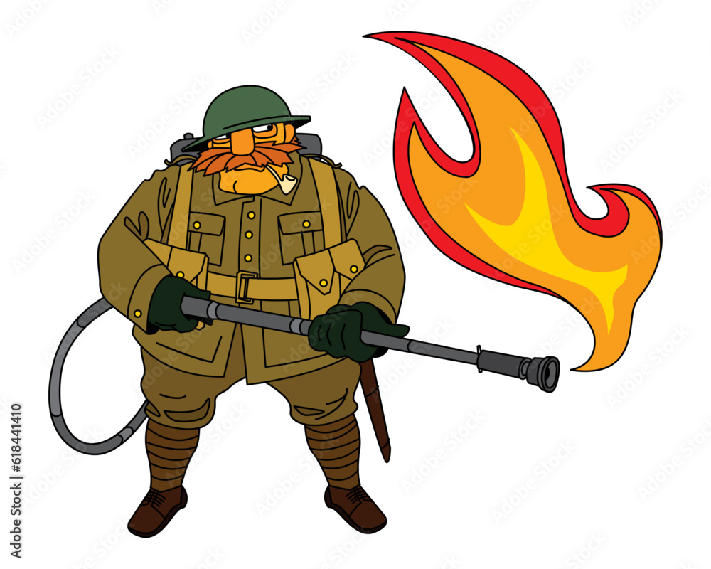 Flame thrower. Invincible warrior. World War I soldier with mustache ...