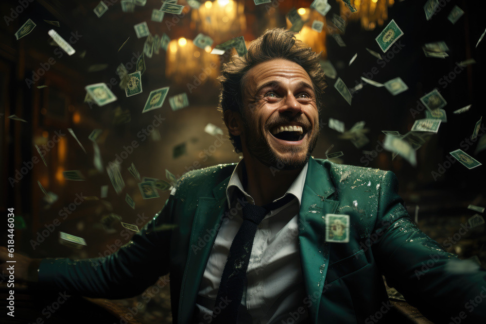 Millionaire's Success. Businessman Making Money Rain While Seated. AI ...